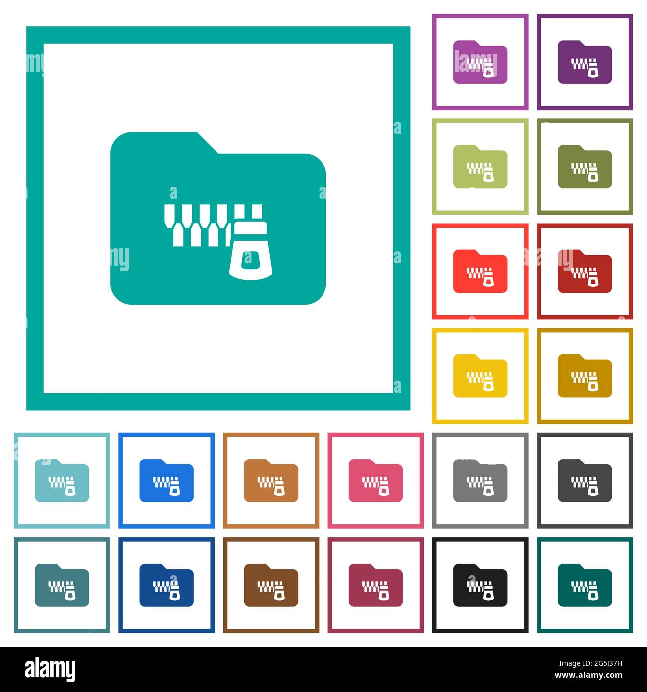 Zipped folder flat color icons with quadrant frames on white background ...