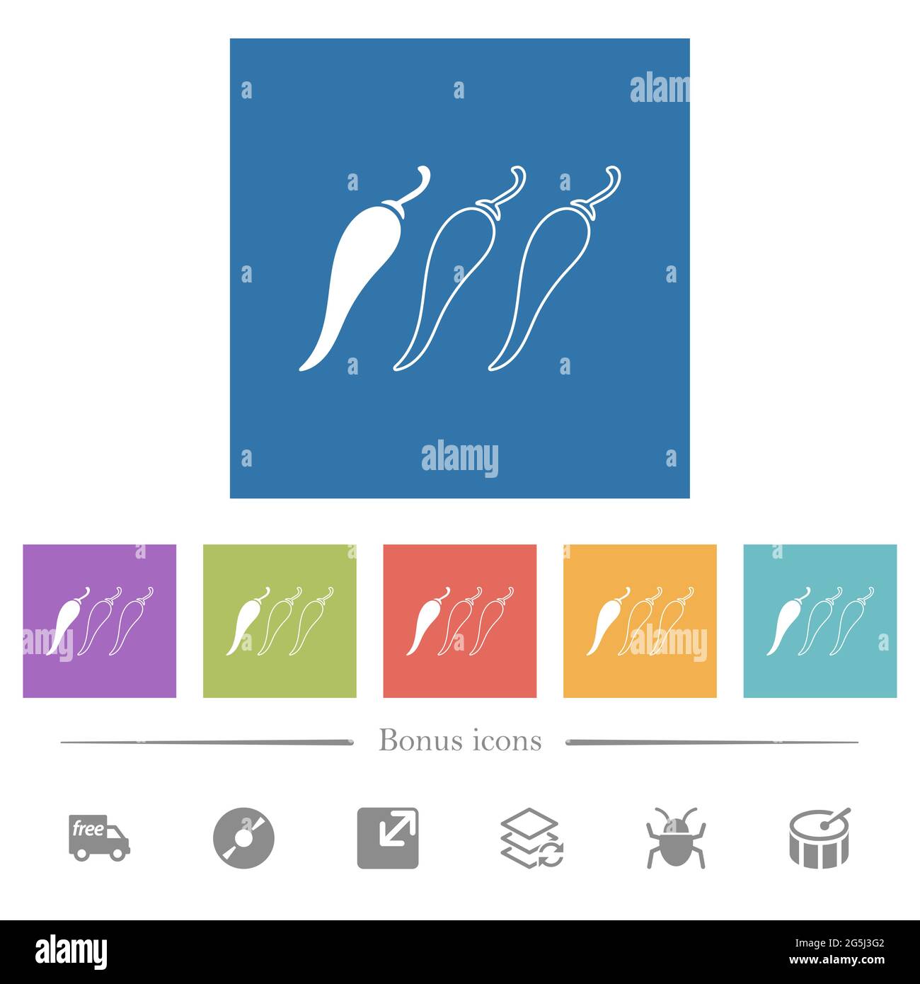 Mild chili pepper level flat white icons in square backgrounds. 6 bonus ...