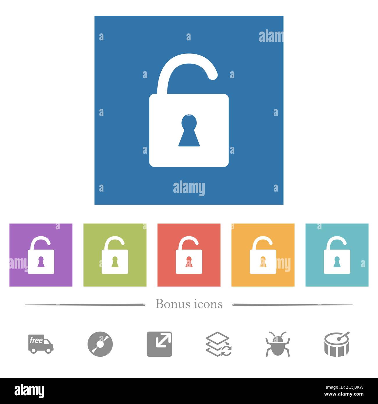Unlocked padlock with keyhole flat white icons in square backgrounds. 6 ...
