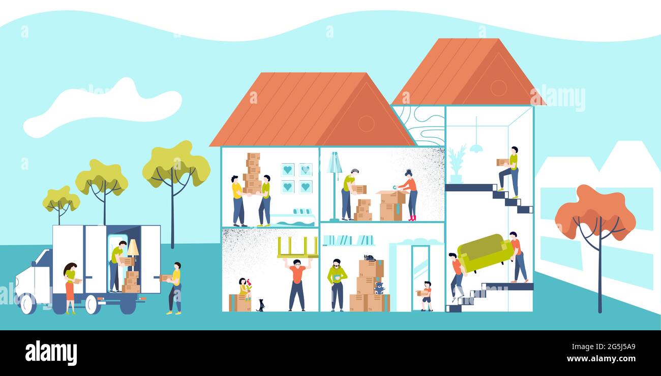 Moving Home and office Concept for Website or Web Page. Flat Cartoon ...