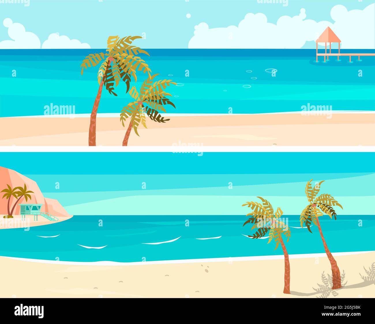 Sea coast panoramic landscape with sand beach and palm trees. Flat ...