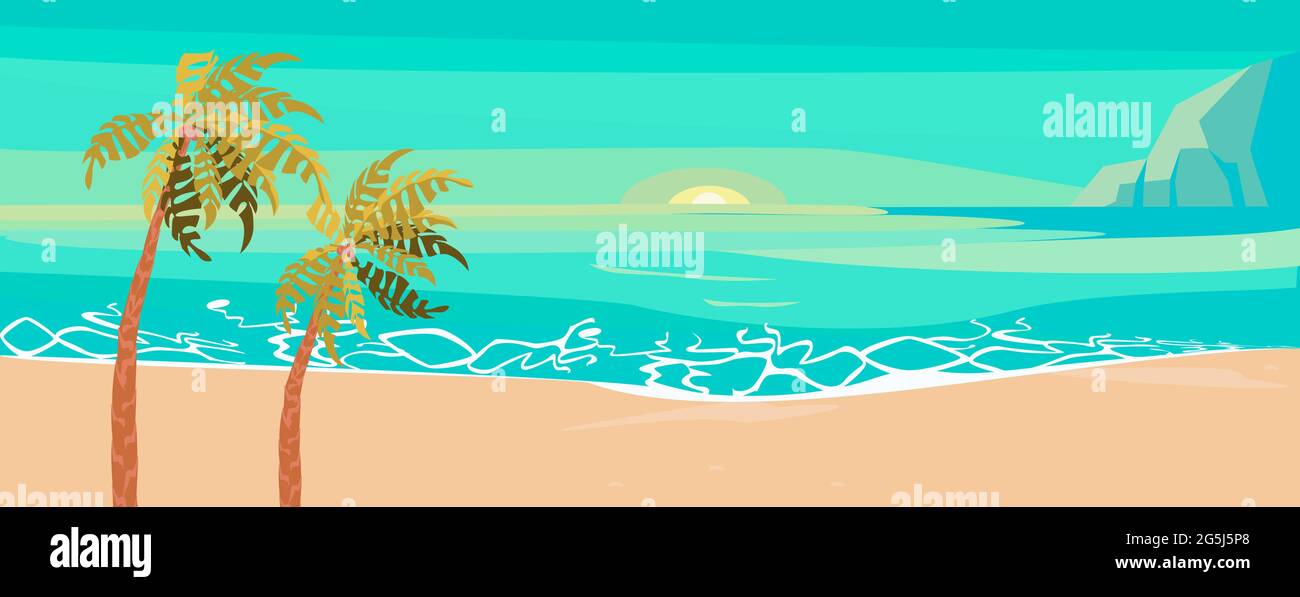 Sea coast panoramic landscape on sunset with sand beach and palm trees ...