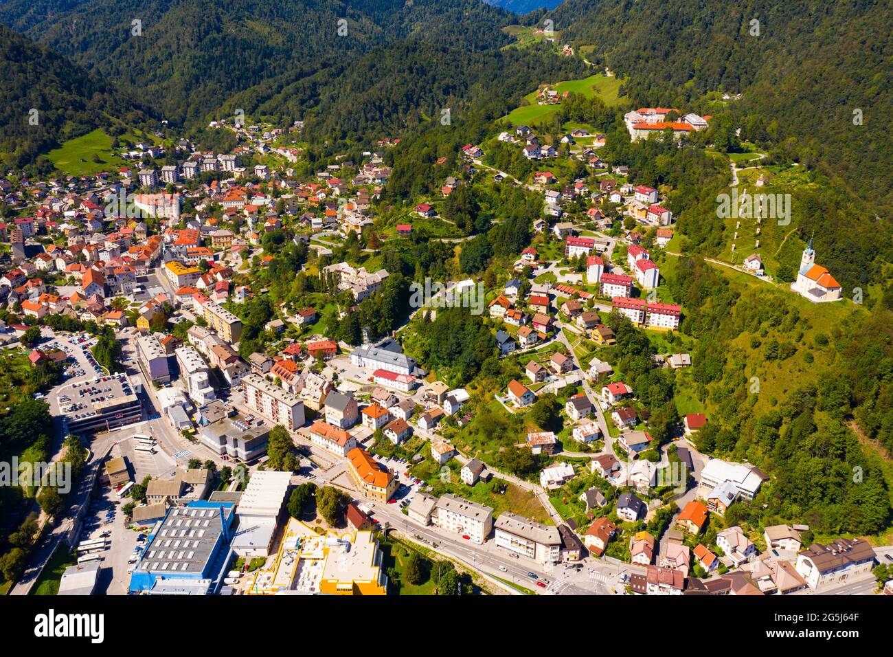 Aerial cityscape of Idrija Stock Photo - Alamy