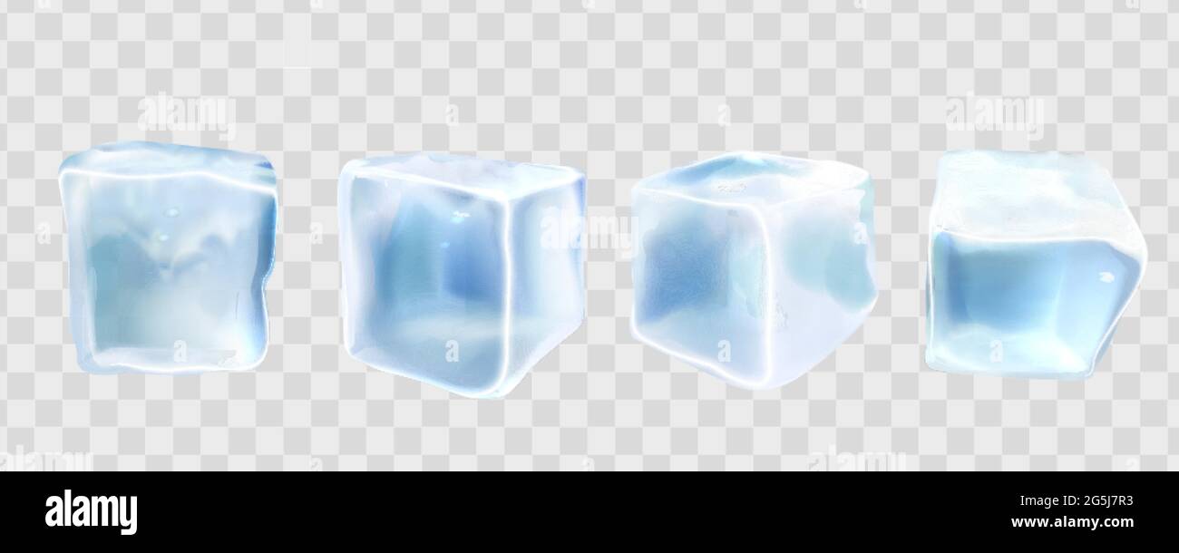 3d realistic crystal ice cubes set. Frozen blocks isolated on translucent background. Square ...