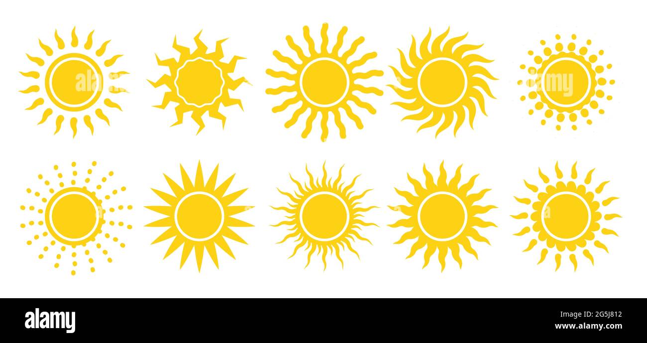 stylized yellow summer sun. Set of sun icons with different shapes of ...