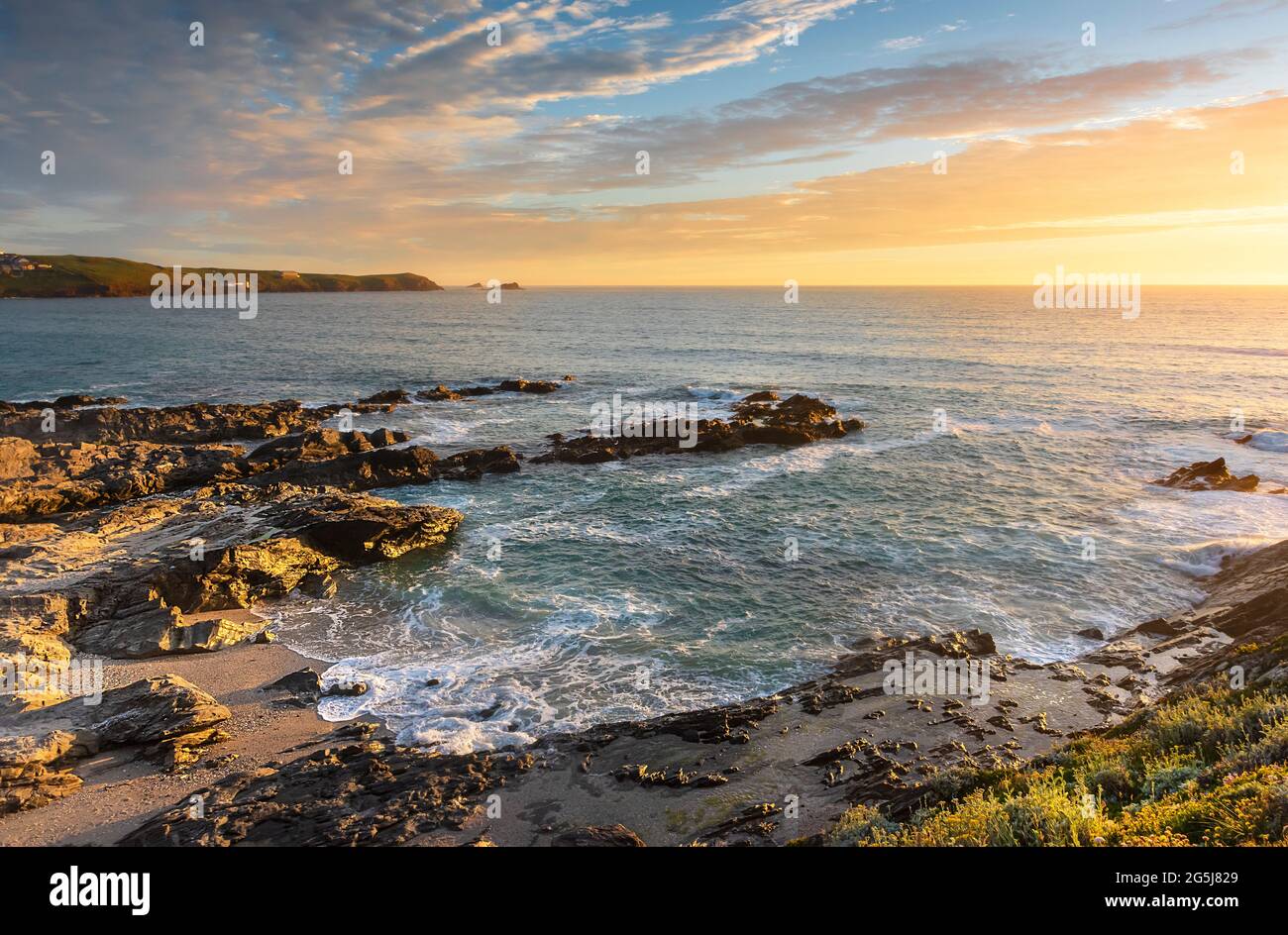A spectacular sunset over Fistral Bay on the coast of Newquay in ...