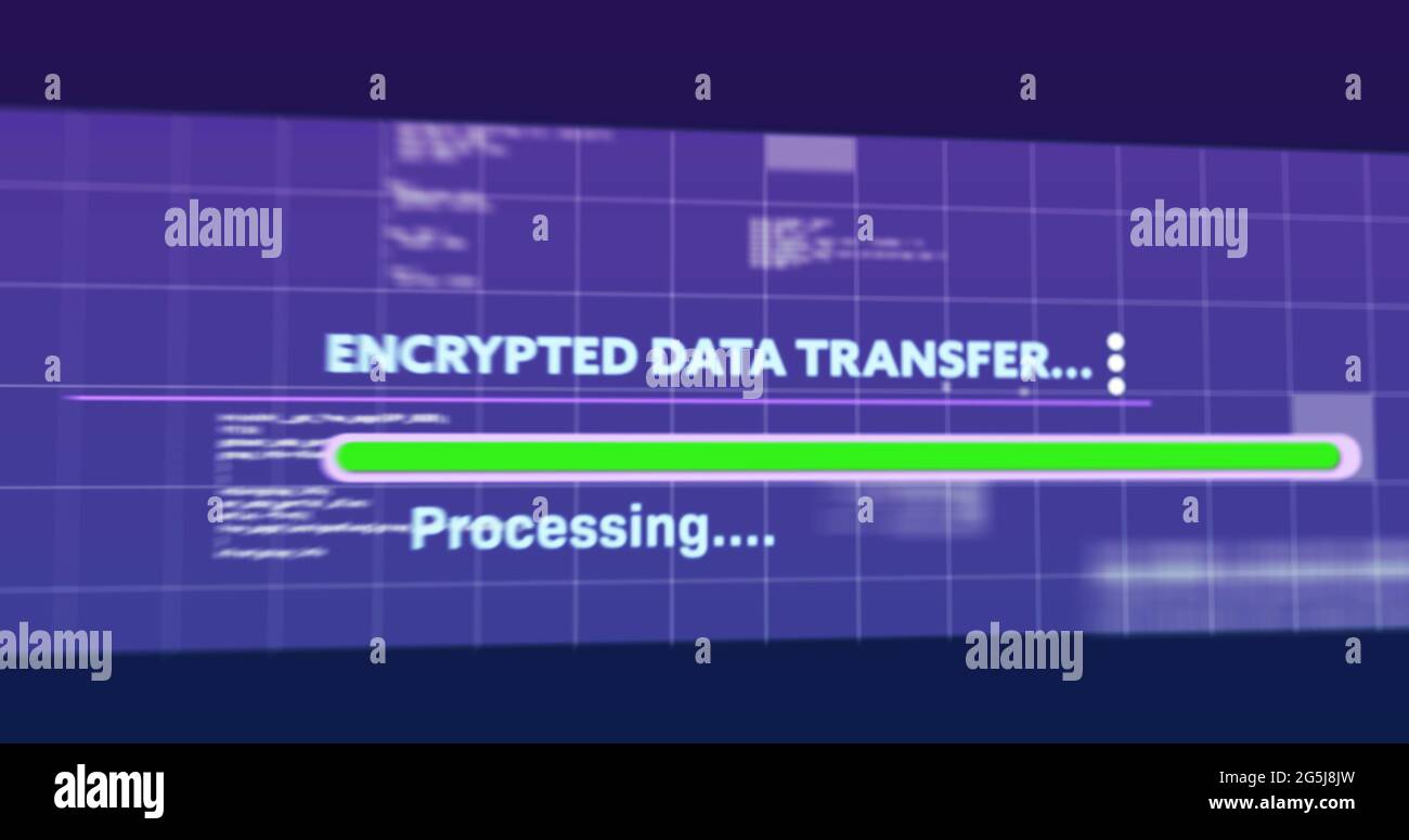 Image of encrypted data transfer text flickering digital interface on ...
