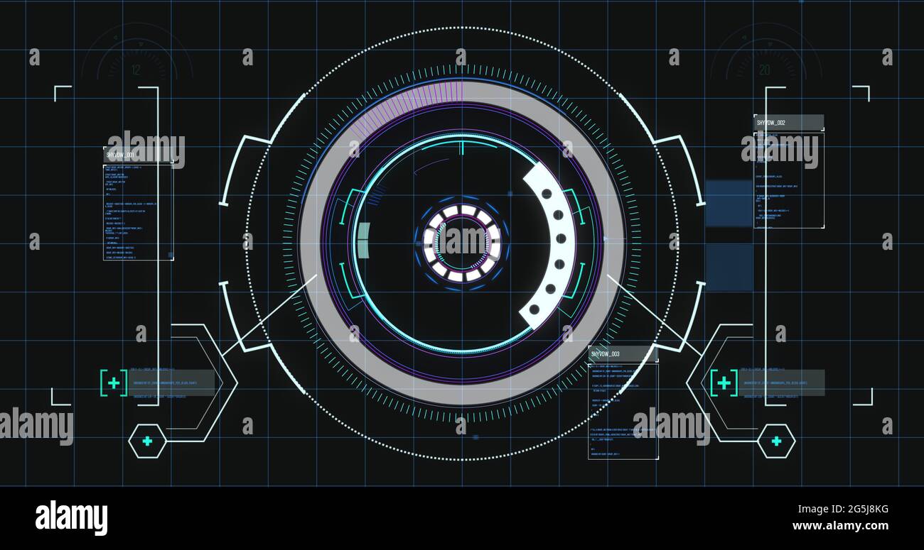 Image of scope scanning and data processing aver grid on black ...