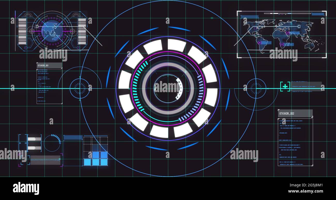 Image of scope scanning and data processing with world map and grid on ...