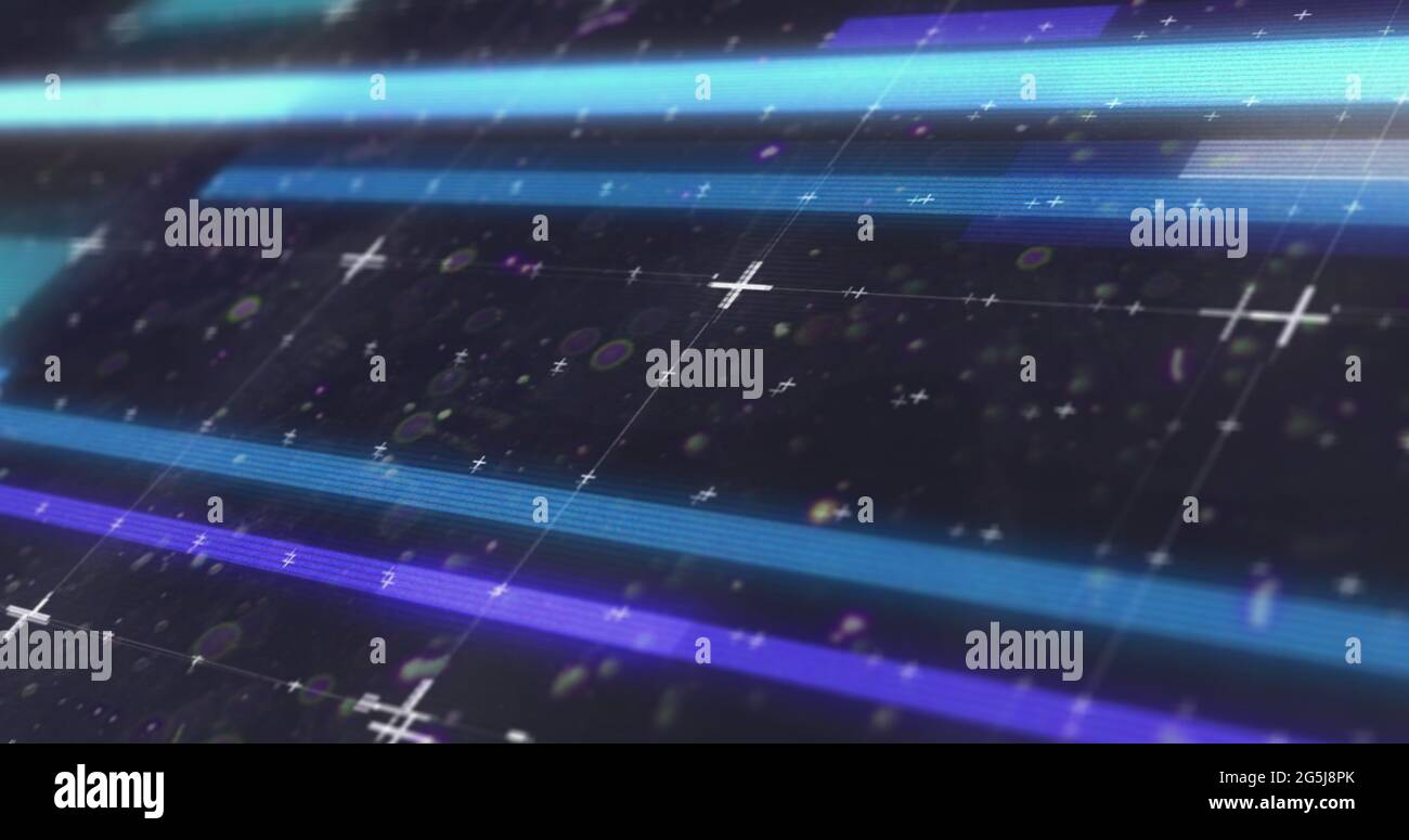 Image of glowing blue squares and flashing lines on grid background ...