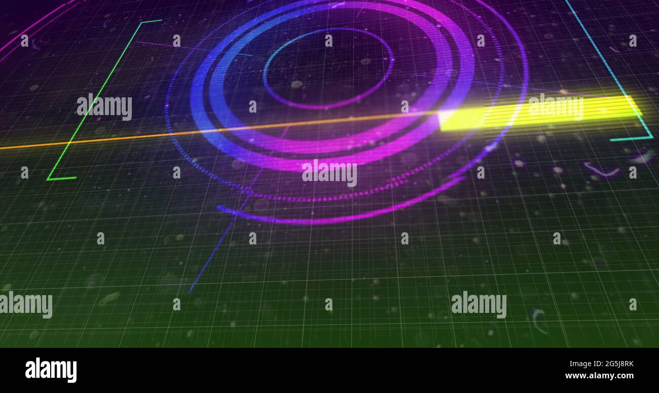 Image of glowing multi coloured scope scanning with markers over grid ...