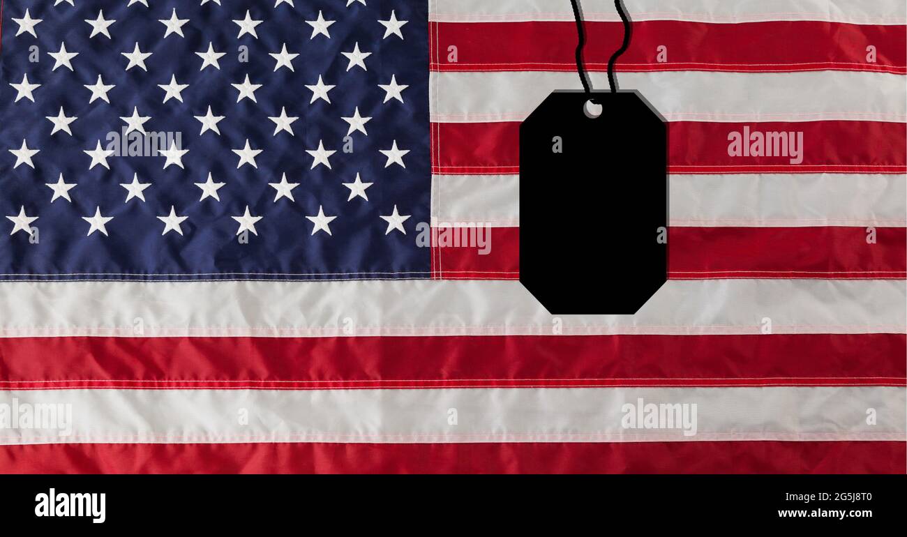 Composition of black dog tag army id, over american flag Stock Photo ...