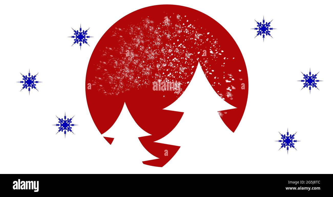 Composition of blue snowflakes with white trees and snow on red circle ...