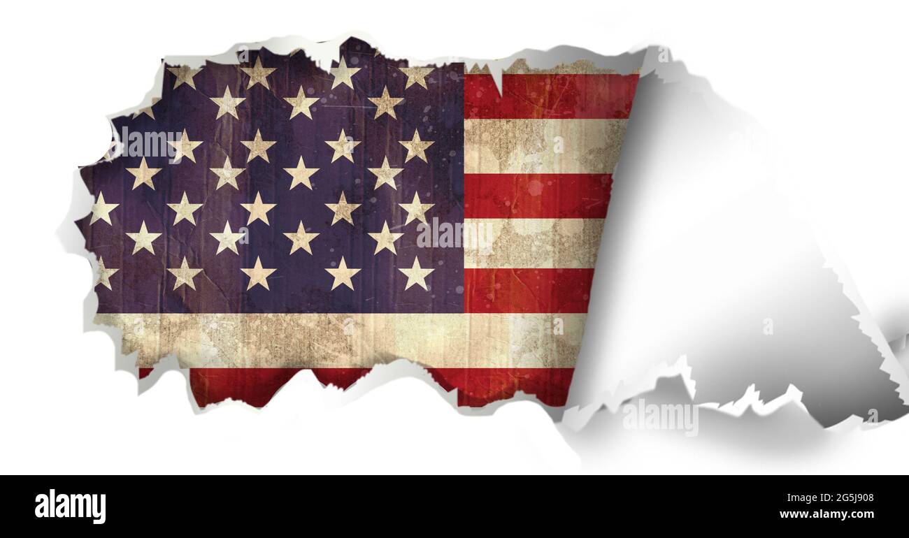 Composition of hole ripped in white paper, revealing american flag ...