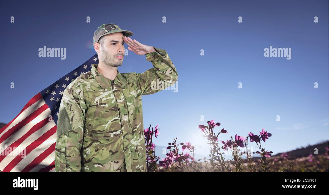 Composition of saluting male soldier, against waving american flag and ...