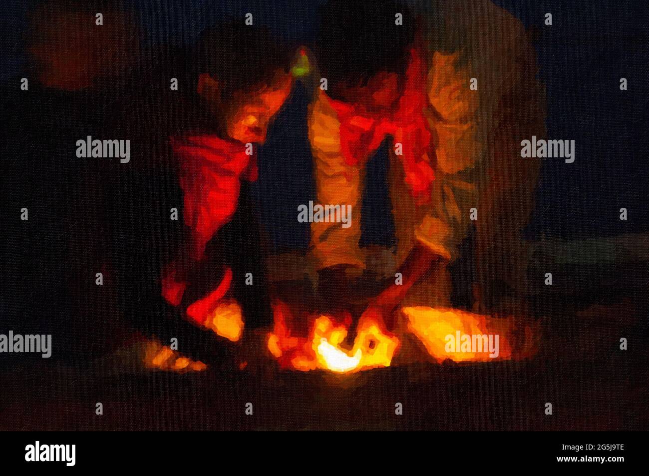 Digital effect impasto painting of lighting the fire on a deepam for ...