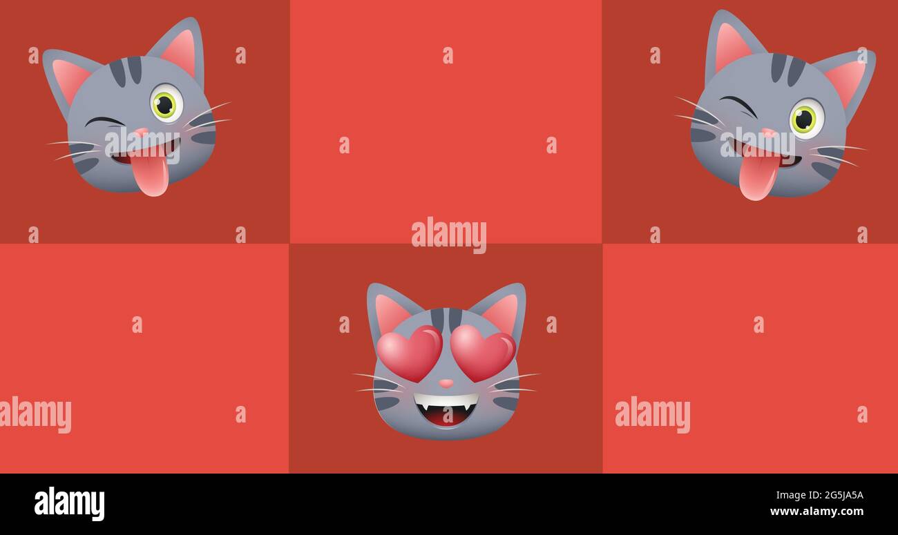 Composition of three cats over red checkered background Stock Photo - Alamy