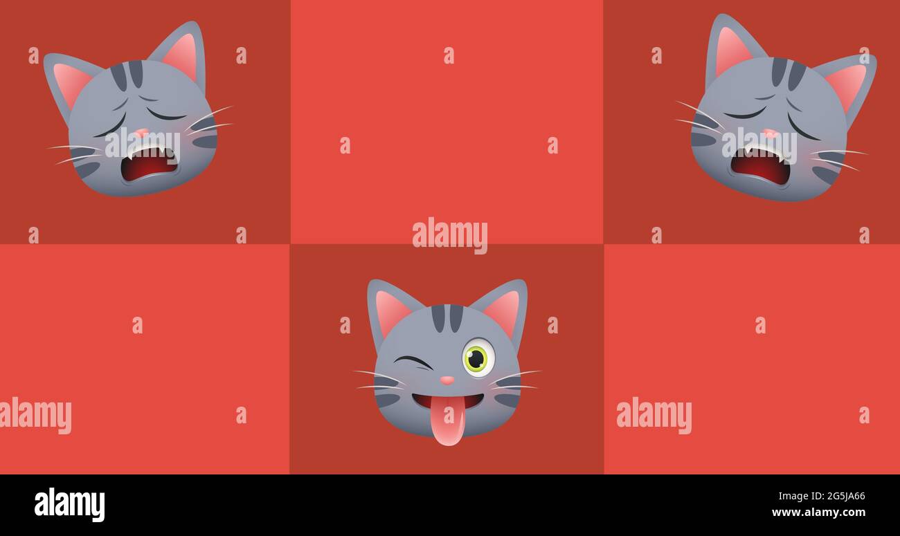 Composition of three cats over red checkered background Stock Photo - Alamy
