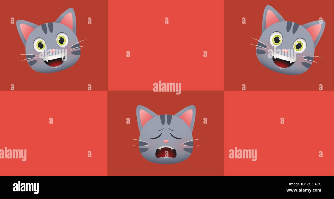 Composition of three cats over red checkered background Stock Photo - Alamy