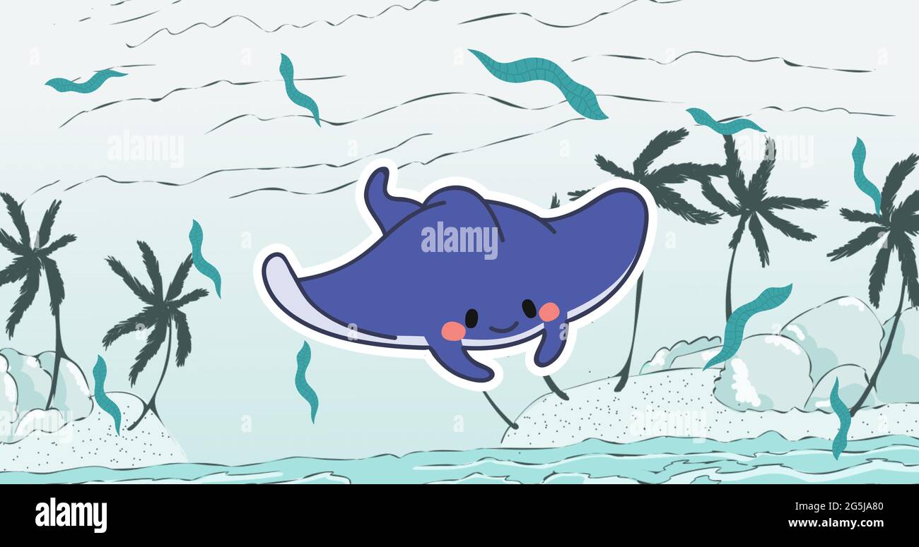 Composition of blue smiling stingray over sea background Stock Photo ...