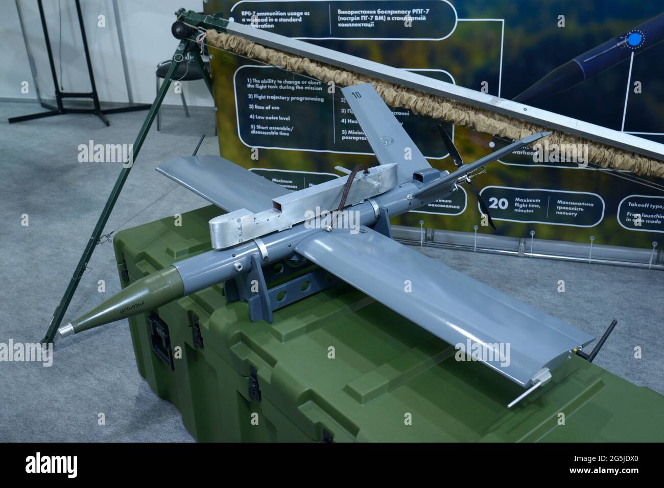 Military unmanned aerial vehicle placed on a box, made in Ukraine Stock ...