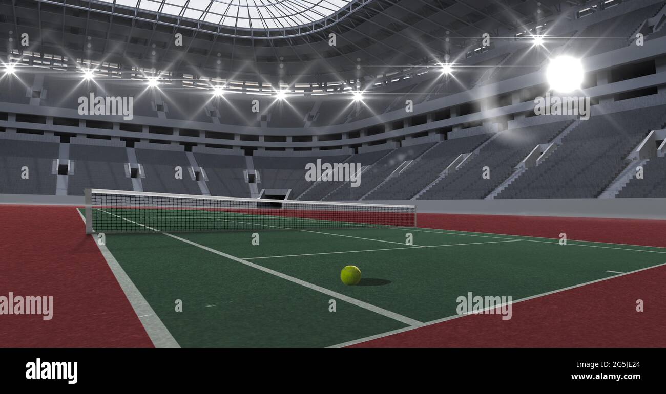 Composition of empty tennis court at stadium with tennis ball Stock ...