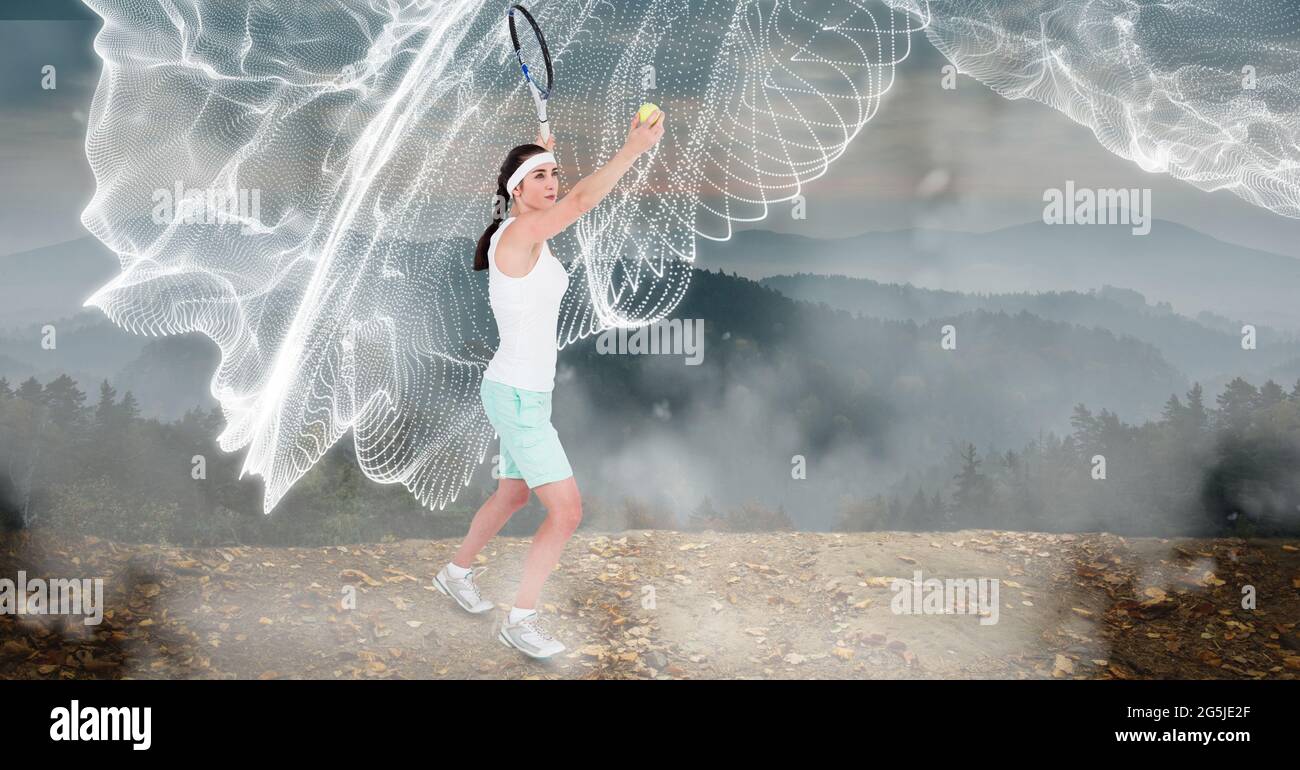 Composition of female tennis player holding ball over landscape Stock ...