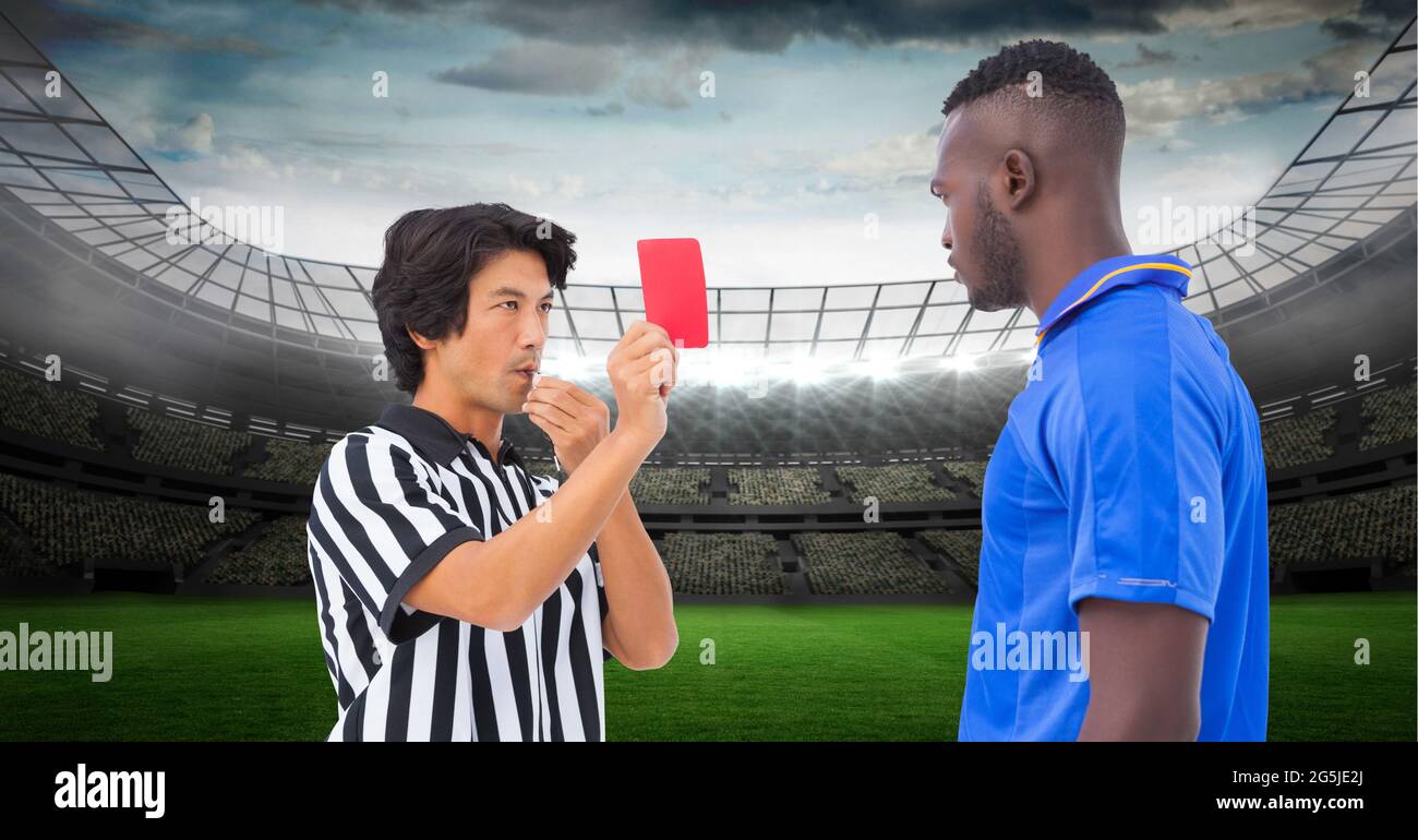 Composition of male referee holding red card and player at football ...