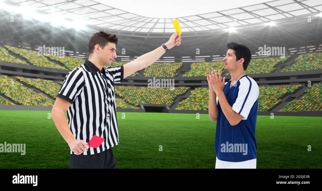 Composition of male referee holding yellow card and player at football ...
