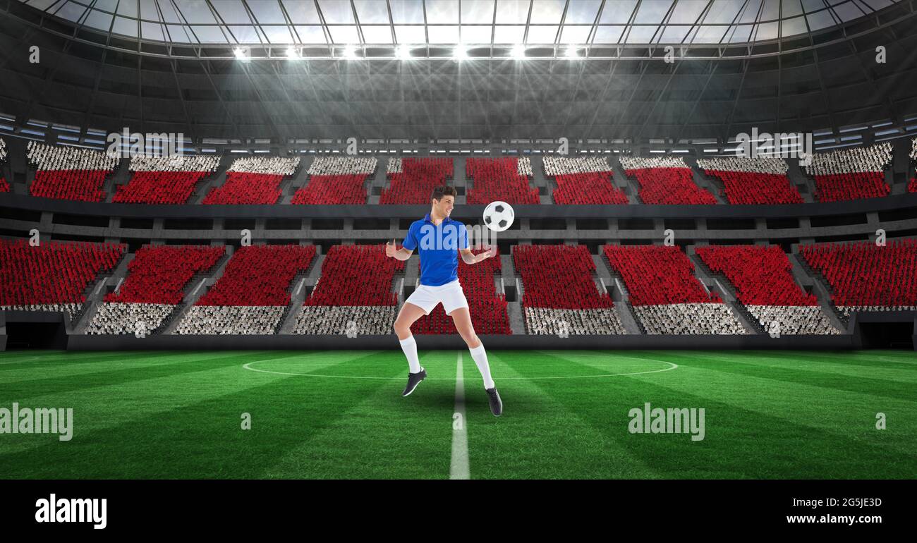 Composition of male football player with ball at stadium Stock Photo ...