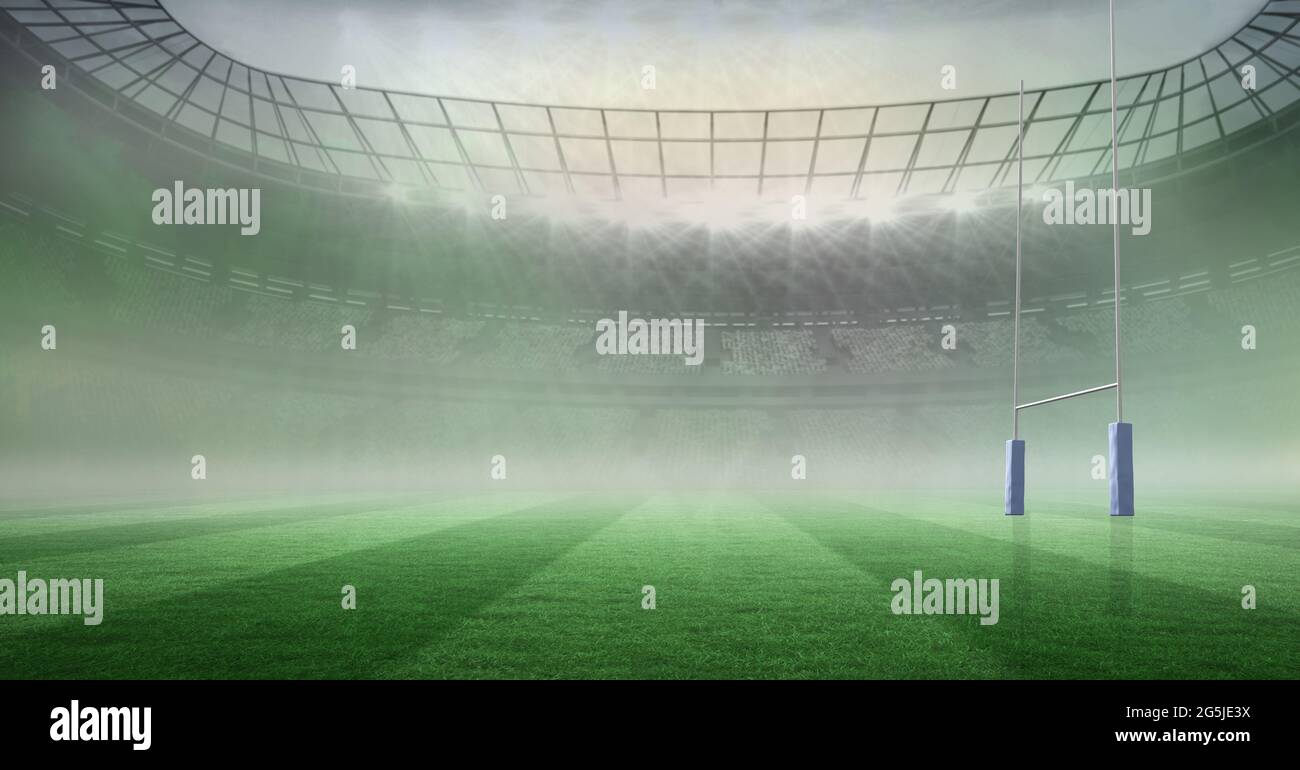 Composition of empty rugby stadium with lights and clouds Stock Photo ...