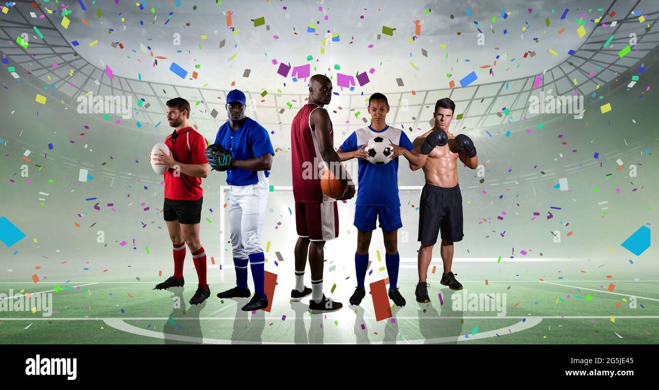 Composition of sportsmen celebrating victory at stadium with confetti ...
