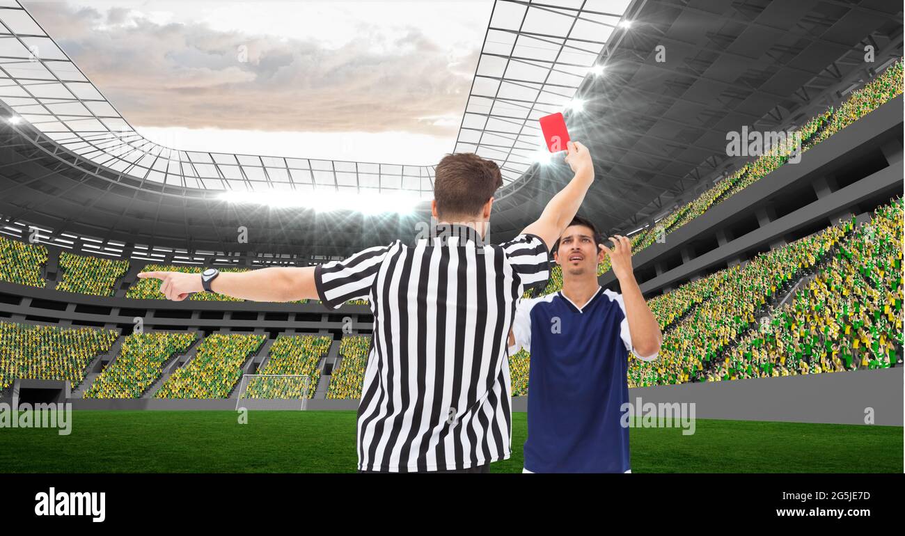 Composition of male referee holding red card and player at football ...