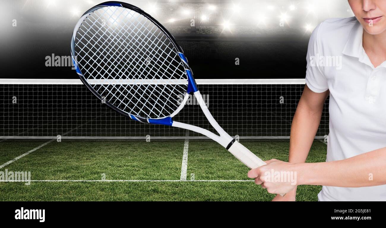 Composition of female tennis player holding tennis racket at tennis ...