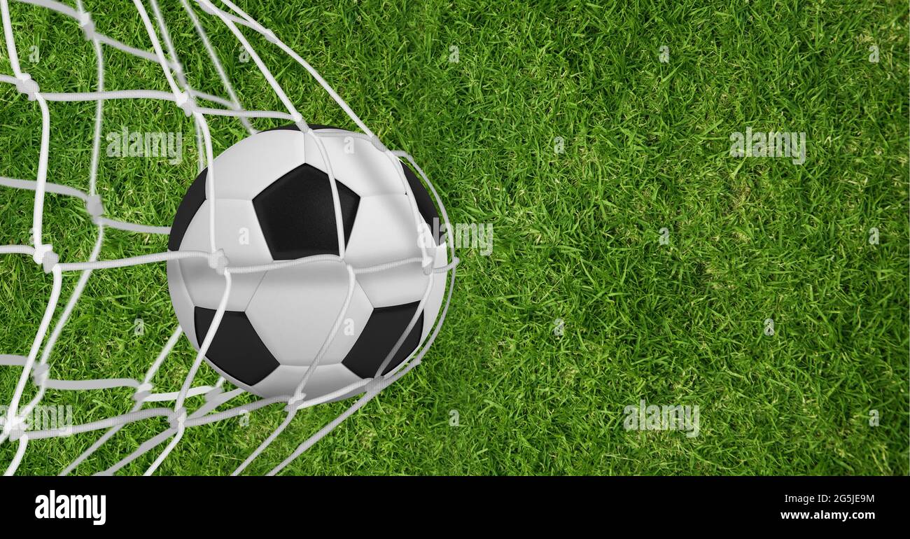 Composition of football in goal at empty football stadium Stock Photo ...