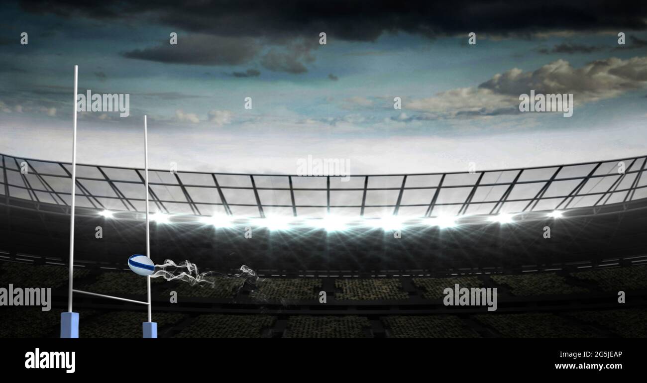 Composition of empty rugby stadium and rugby ball over clouds Stock ...