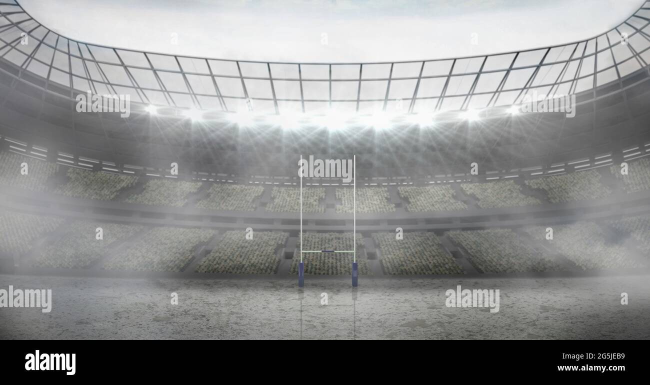 Composition of empty rugby stadium with lights and clouds Stock Photo ...
