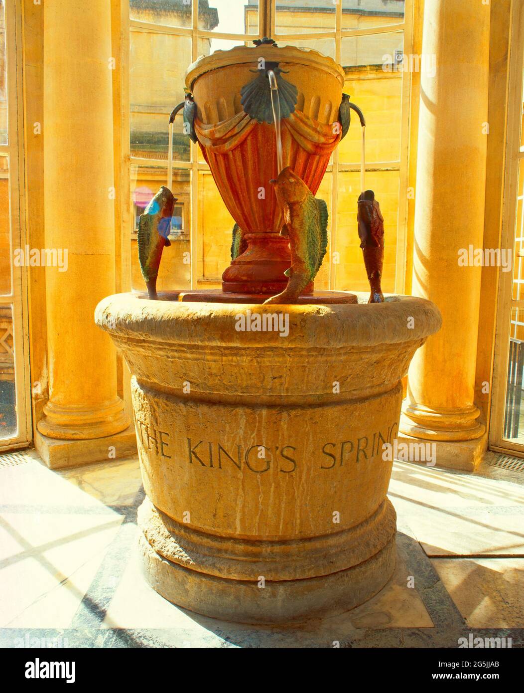 UK, Bath, Roman Baths, The King's Spring, water fountain,bronze fish ...