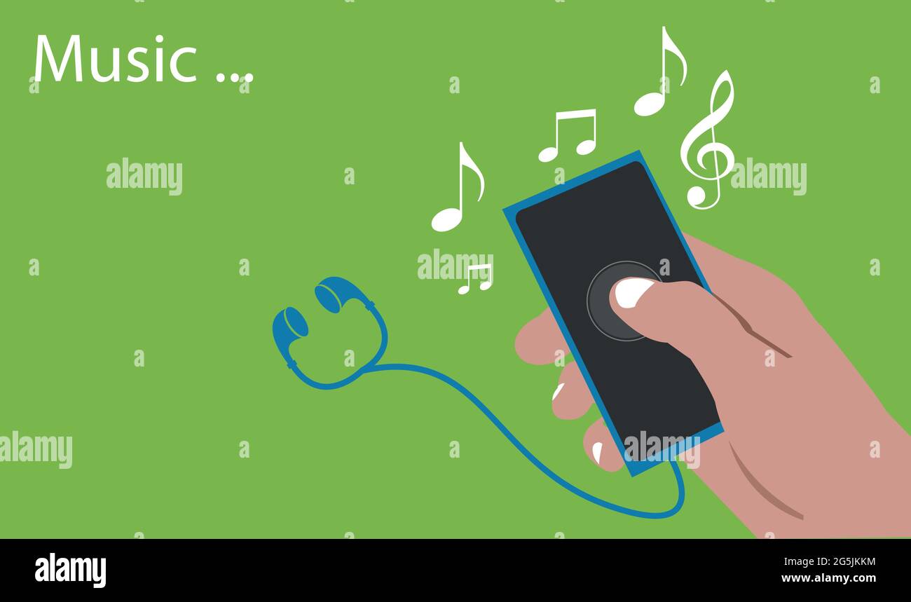 playing music with hand held smartphone on the green background. Flat ...