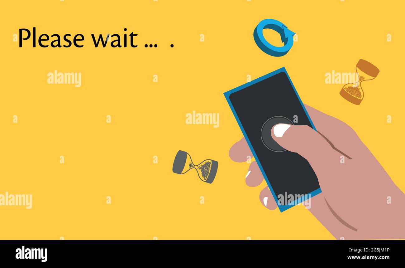 Please wait with hand held smartphone on the yellow background. Flat ...