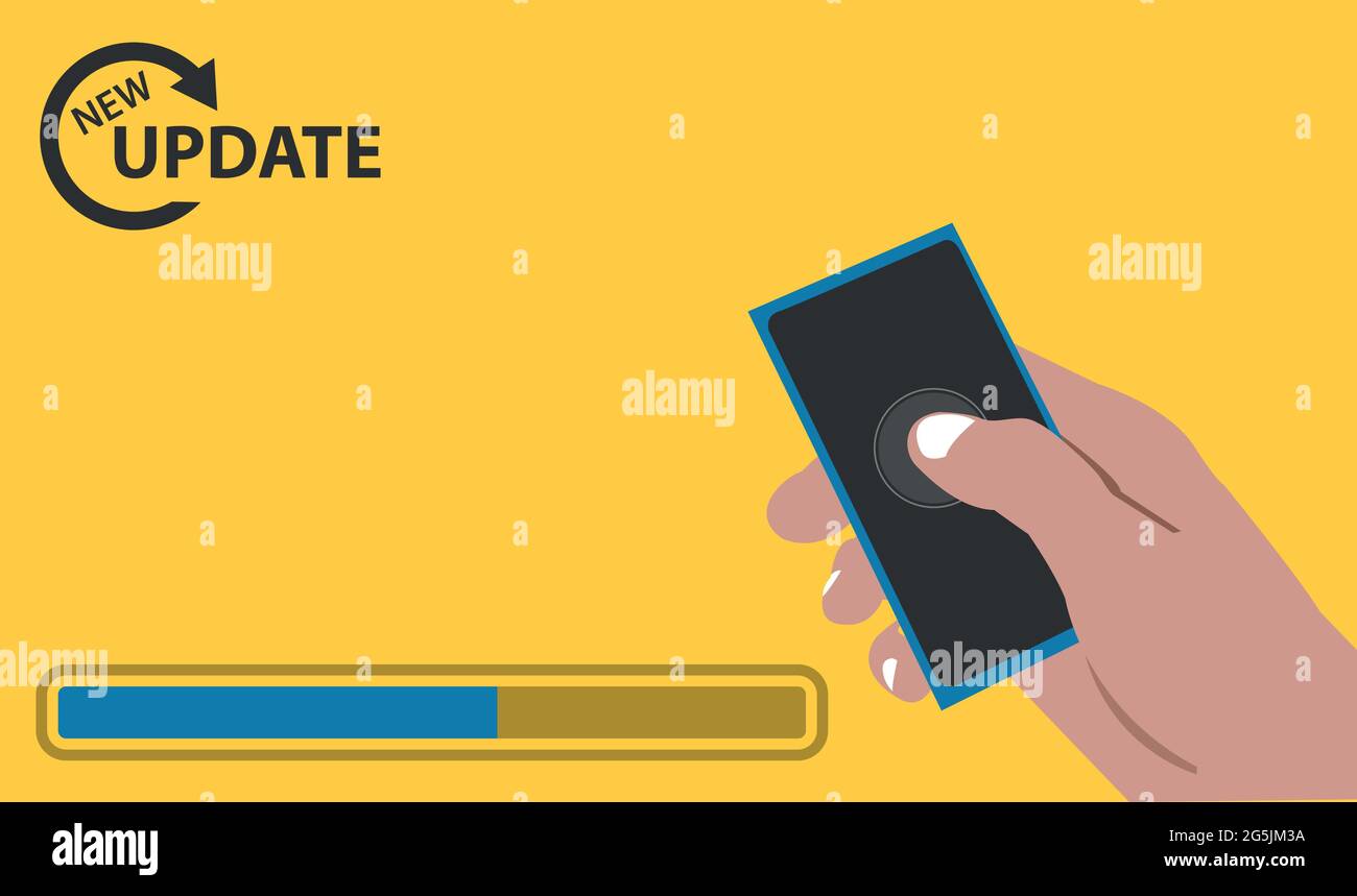 New Update with hand held smartphone on the yellow background. Flat ...