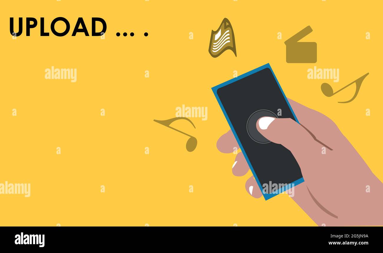 Upload with hand held smartphone on the yellow background. Where to ...