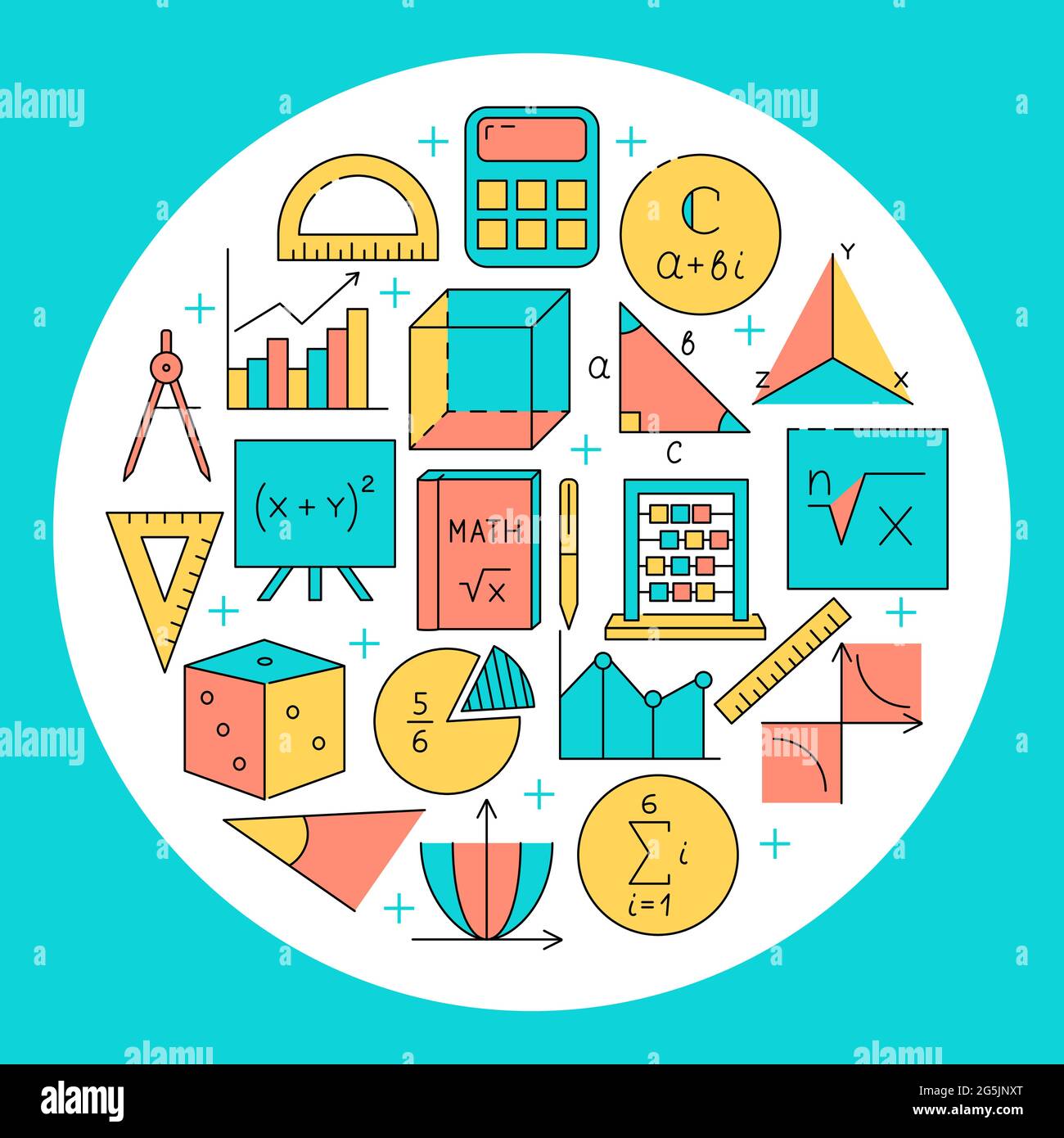 Mathematics round concept banner in colored line style. Vector ...