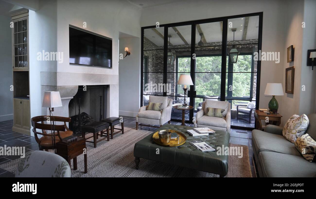 Spacious Big Living Room Of Luxurious Estate With Wooden Elements ...