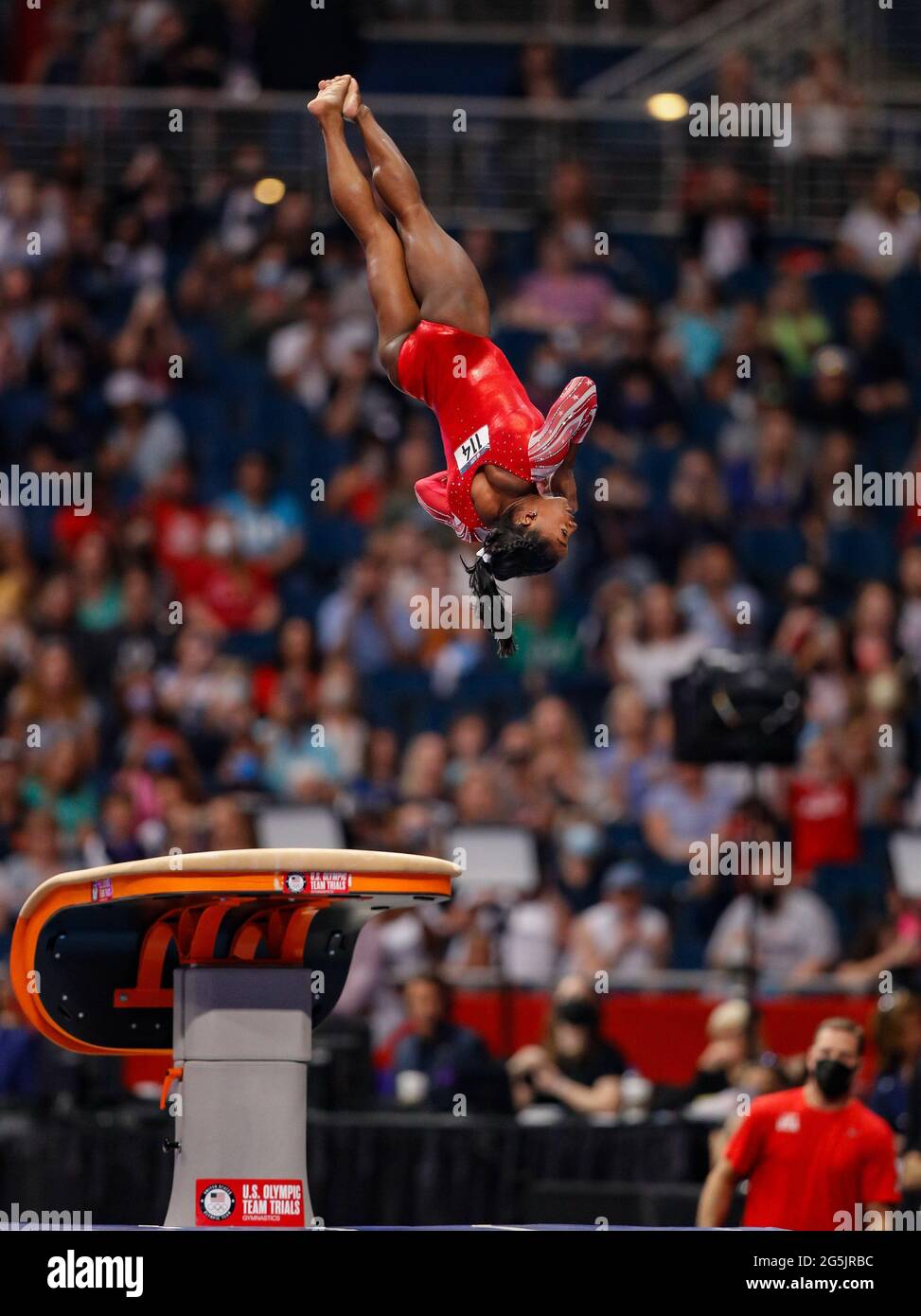 June 27, 2021: Simone Biles twists in the air during her vault at Day 2 ...