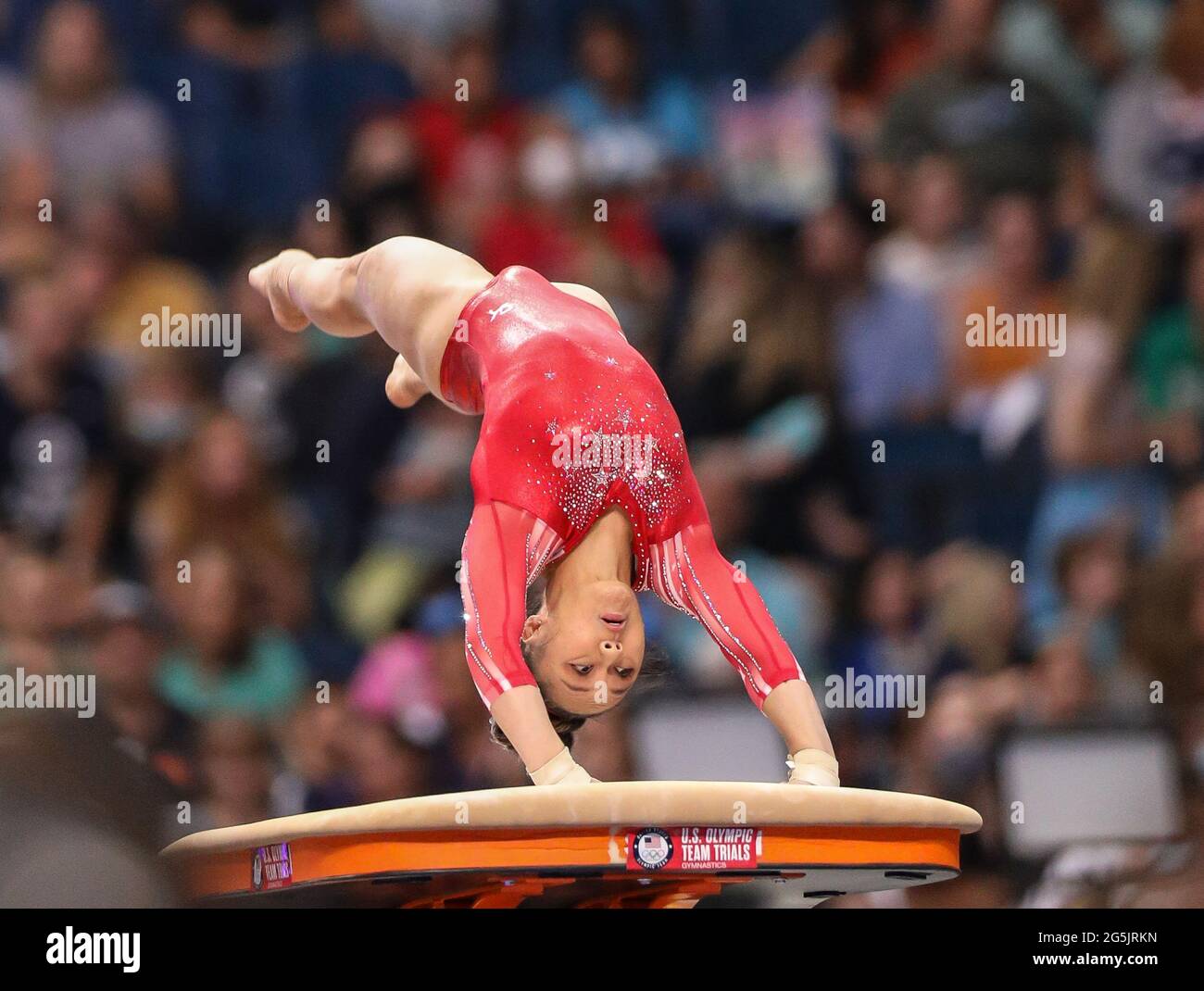 June 27, 2021: Emma Malabuyo springs off the vault during Day 2 of the ...