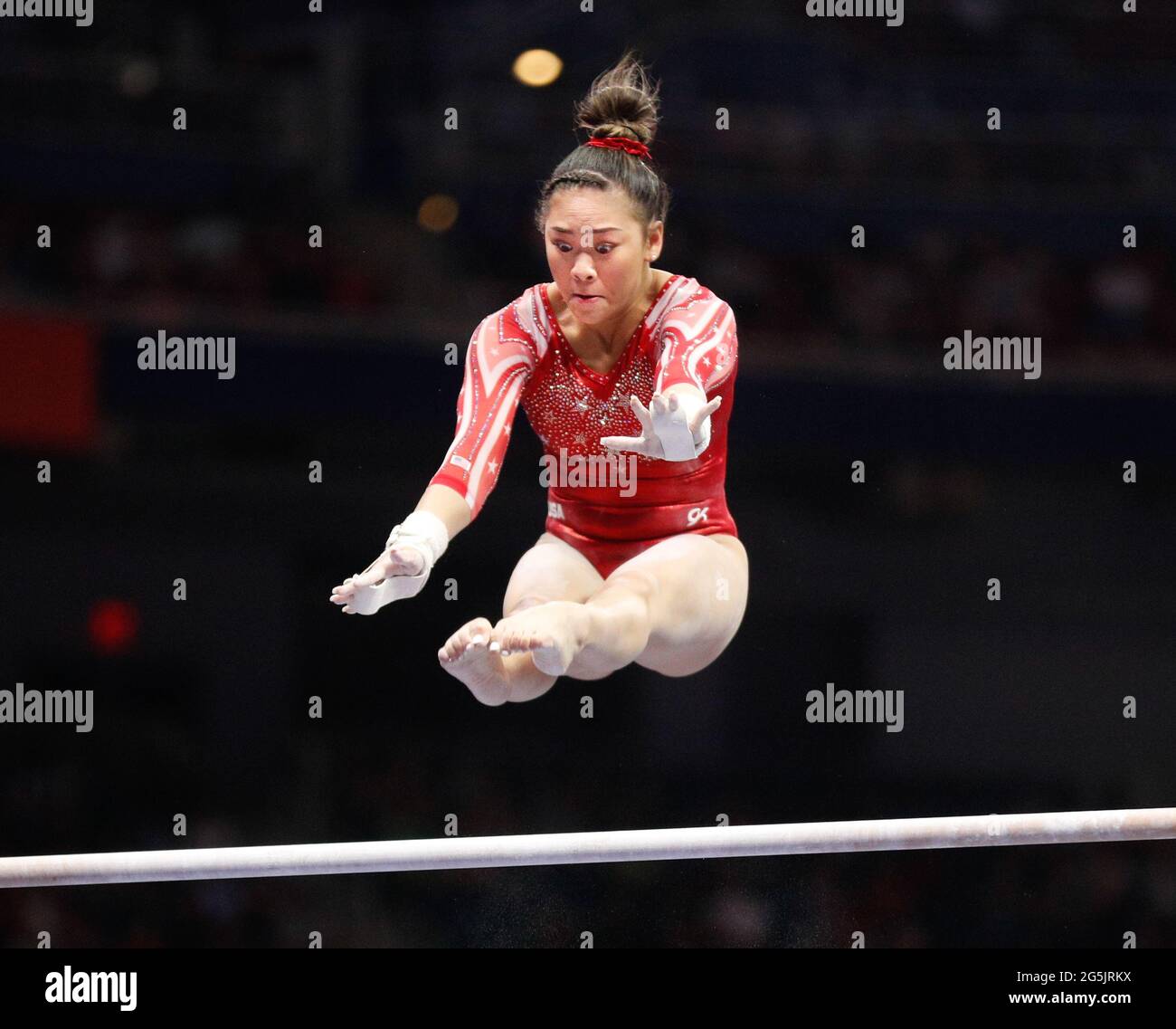 June 27, 2021: Sunisa Lee performs on the uneven parallel bars during ...