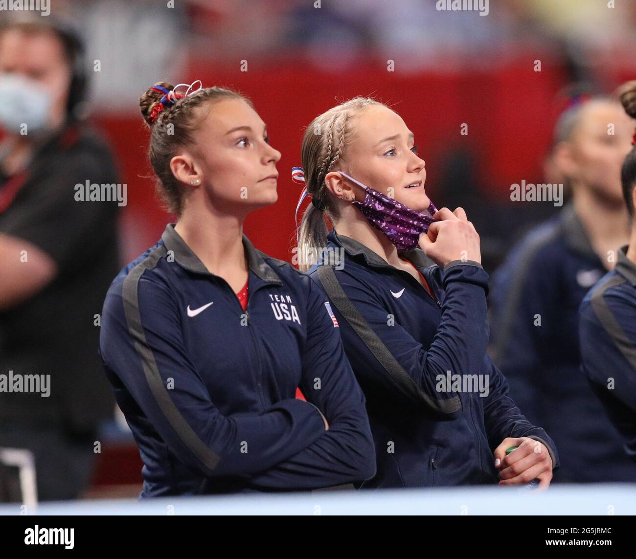 June 27, 2021: Grace McCallum and Riley McCusker watch a floor routine ...