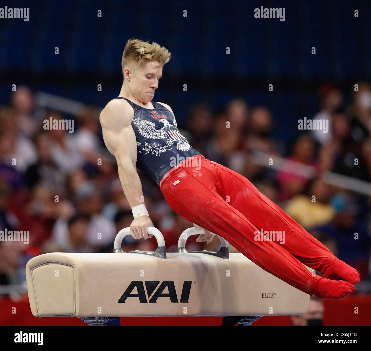 June 265, 2021: Shane Wiskus performs on the pommel horse during Day 2 ...