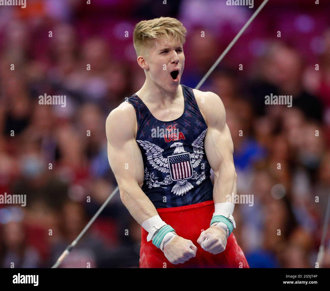 June 265, 2021: Shane Wiskus celebrtes following his high bar dismount ...